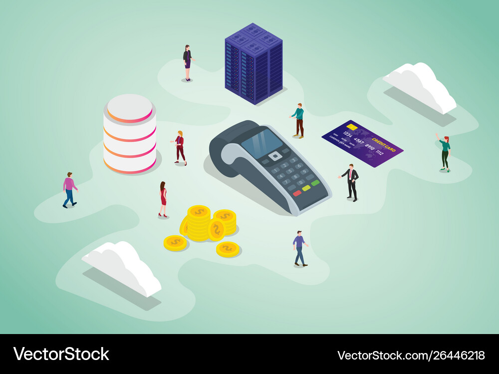 Pos payment terminal concept with team people Vector Image