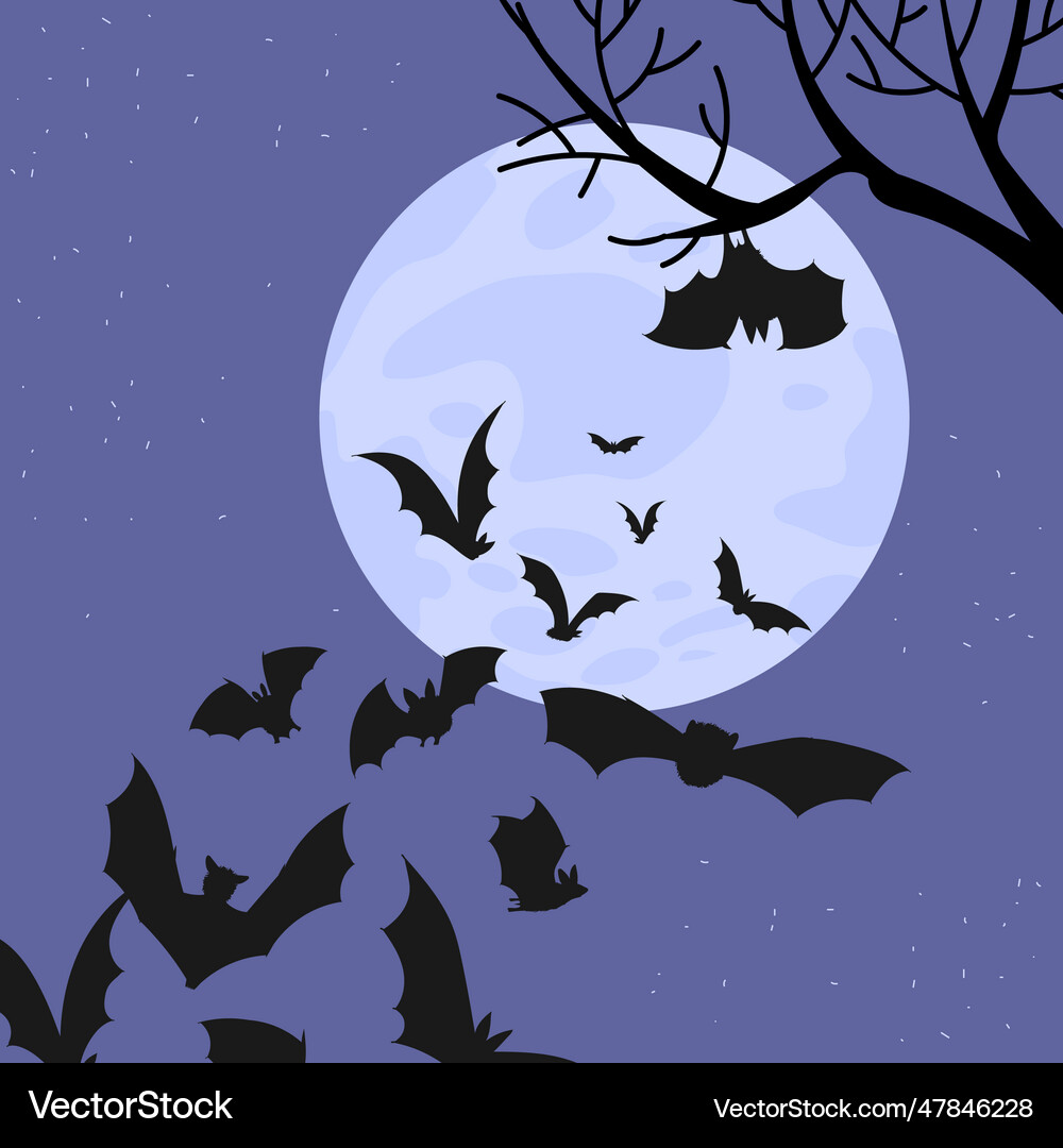 Night moon sky with flying black bats silhouettes Vector Image