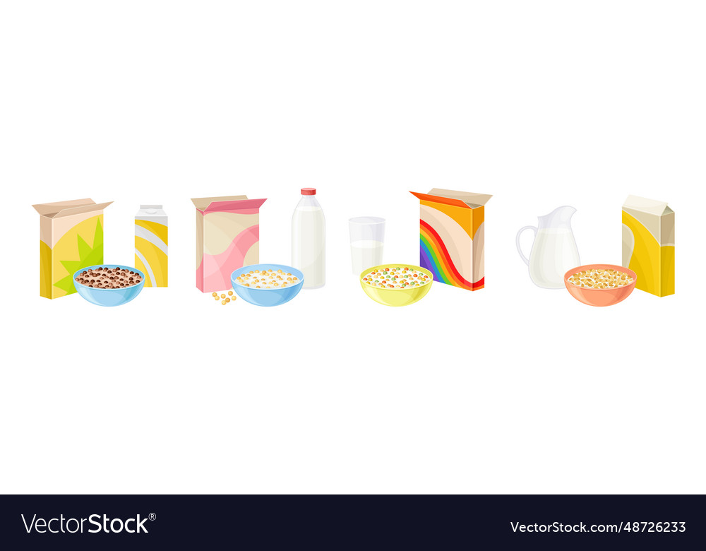 Bowl of breakfast cereal with milk and carton Vector Image