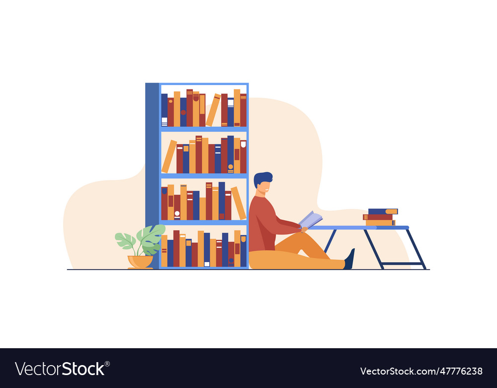 Happy man reading book in home library Royalty Free Vector Happy man reading book in home library Royalty Free Vector