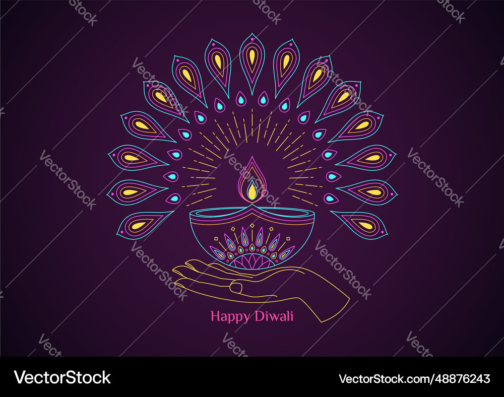 Colorful outline diya with flame and light rays Vector Image