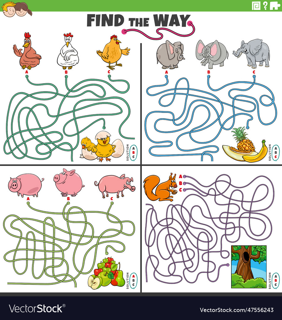 Find the way maze games set with cartoon animal Vector Image