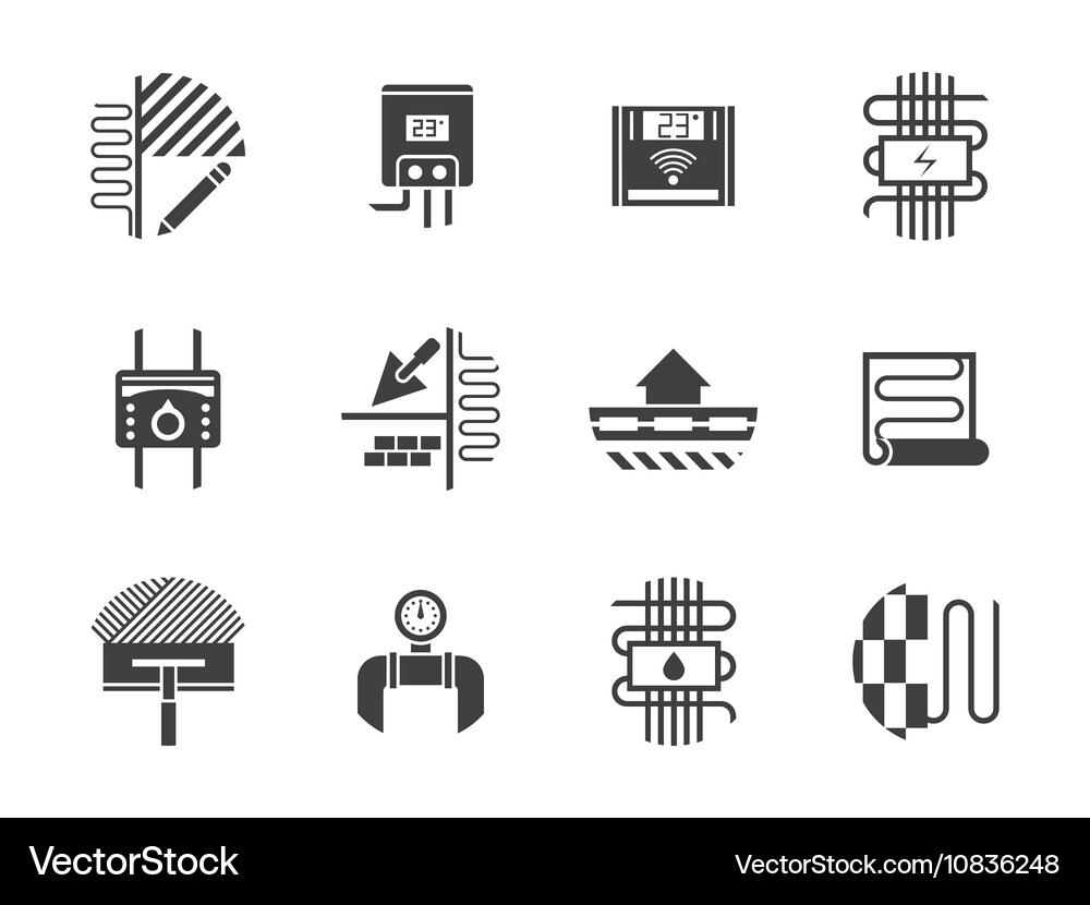 Floor heating black monochrome icons set Vector Image