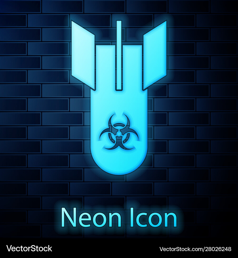 Glowing neon biohazard bomb icon isolated on brick