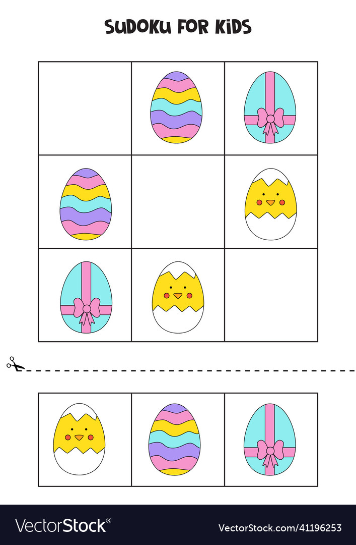 Sudoku with cute easter eggs for preschool kids Vector Image