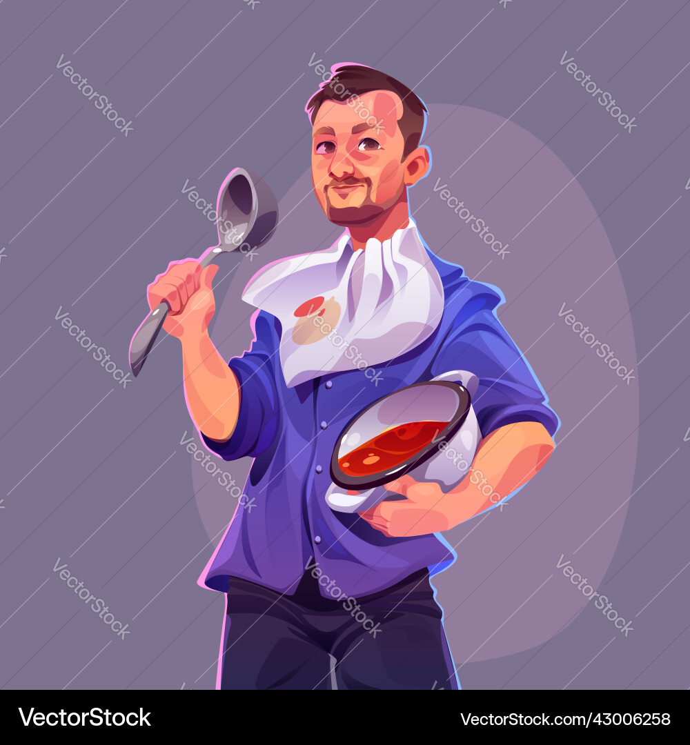Man chef cook tomato soup in pot Royalty Free Vector Image