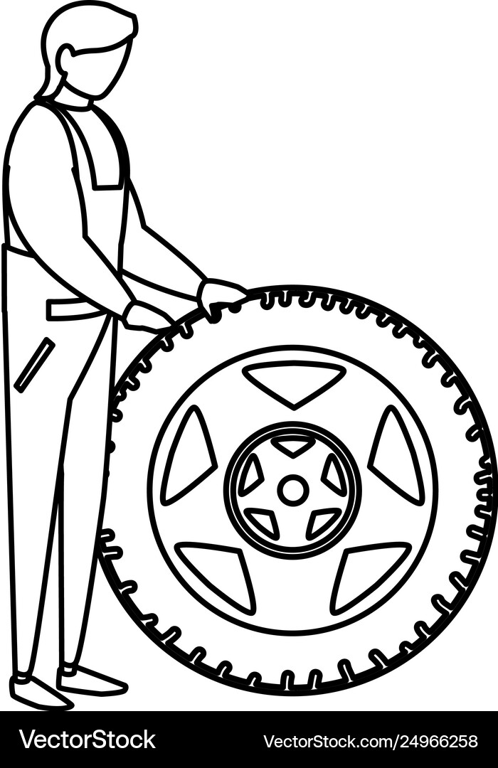 Mechanic worker with tire car Royalty Free Vector Image