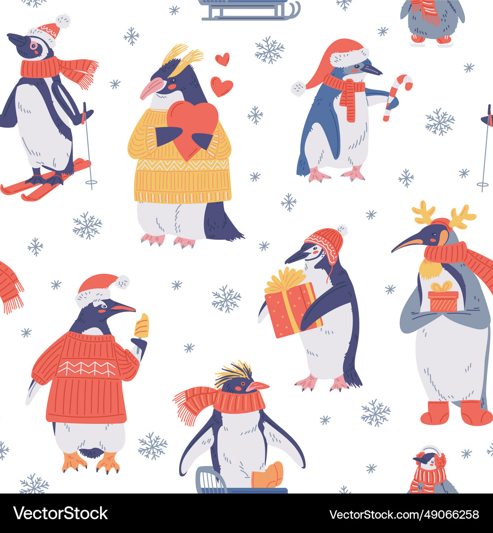 Seamless pattern with cute penguins in winter Vector Image