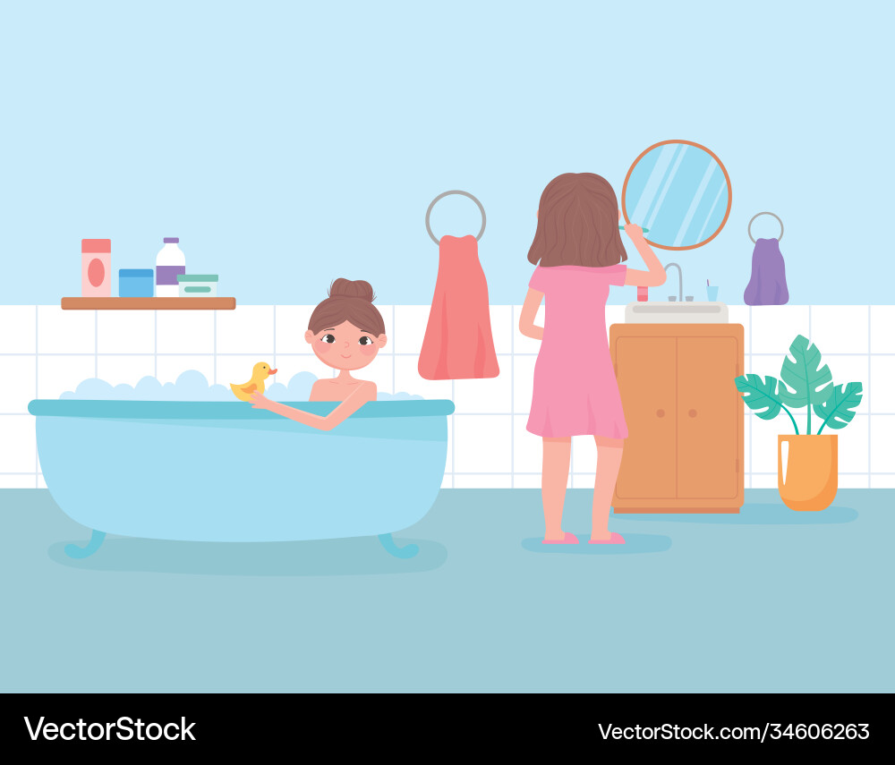 Daily routine scene girl brushing her teeth and Vector Image