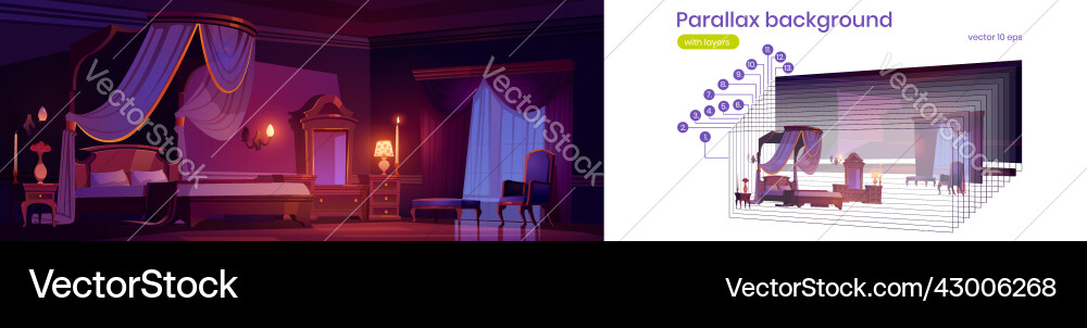 Parallax background luxury bedroom at night 2d Vector Image