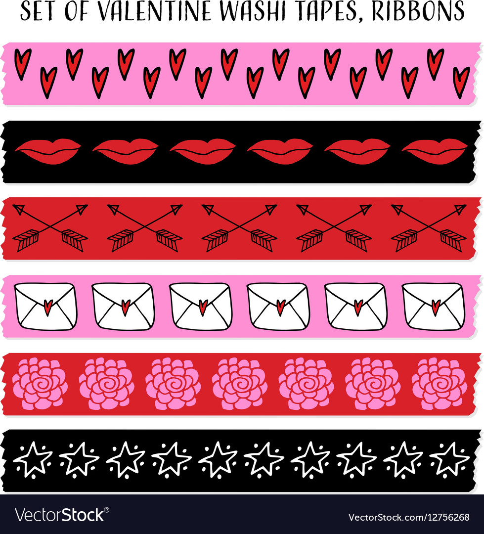 Set cool valentine washi tapes ribbons Royalty Free Vector