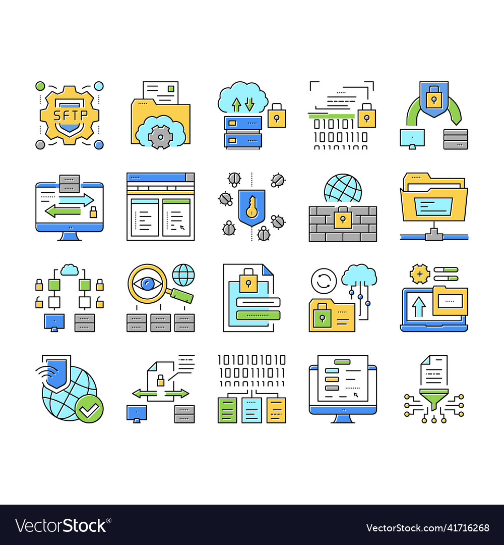 Ssh Sftp File Transfer Protocol Icons Set Vector Image
