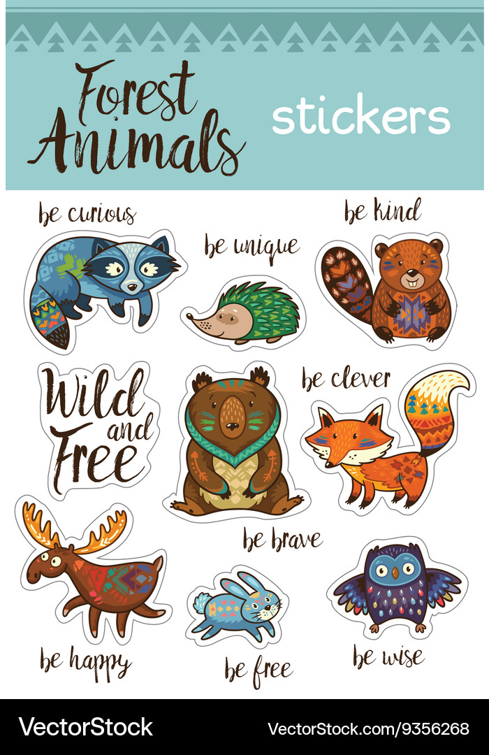 Sticker set forest animals in cartoon style Vector Image