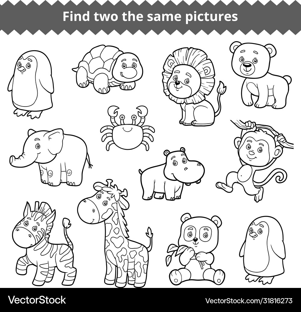 Find two same pictures set zoo animals Royalty Free Vector