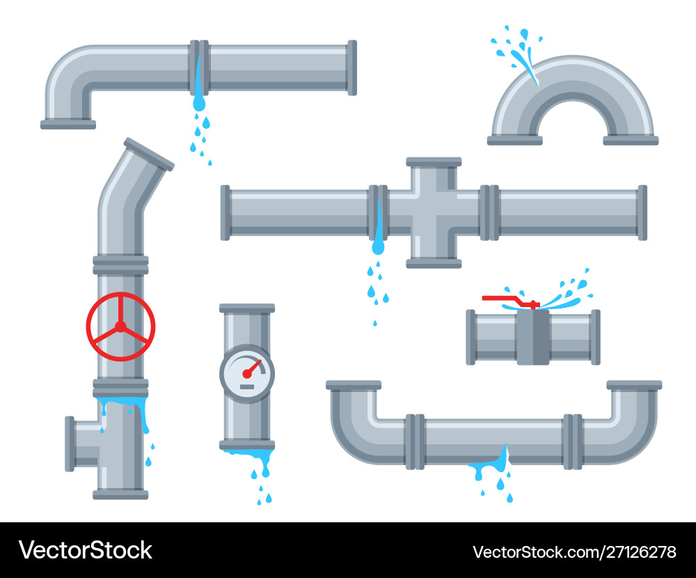 Pipe with leaking water broken pipes with leakage Vector Image