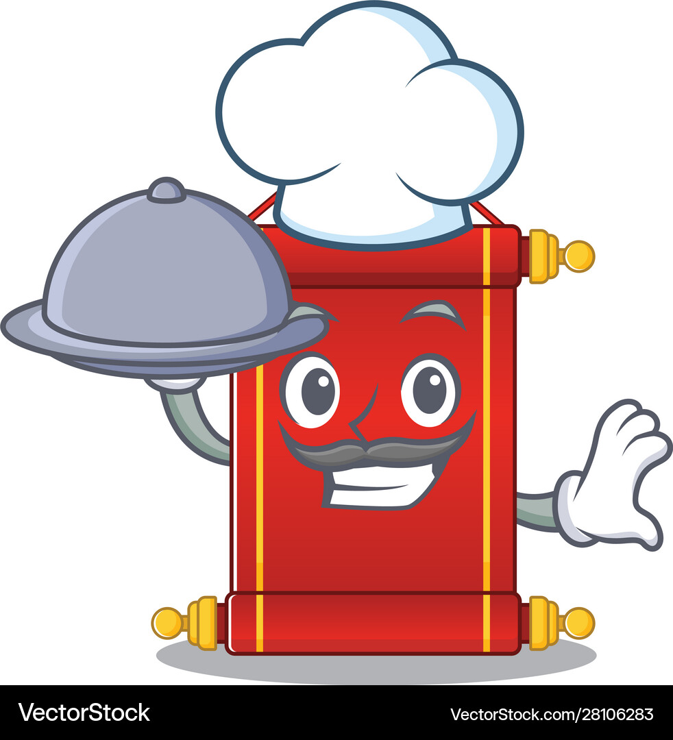 Smiling chinese scrolls as a chef with food Vector Image