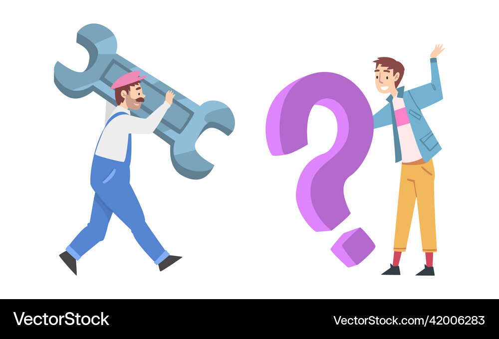 Young men with big question sign and wrench Vector Image