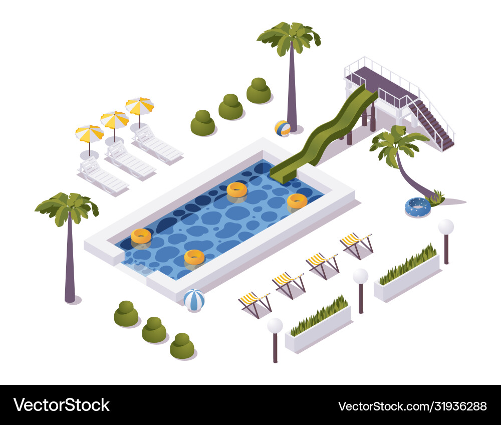 Isometric pool scene with palm trees water slide Vector Image