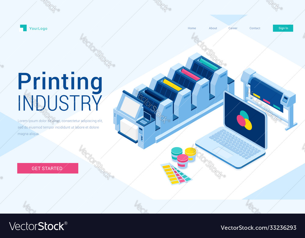 Printing polygraphy industry isometric landing Vector Image