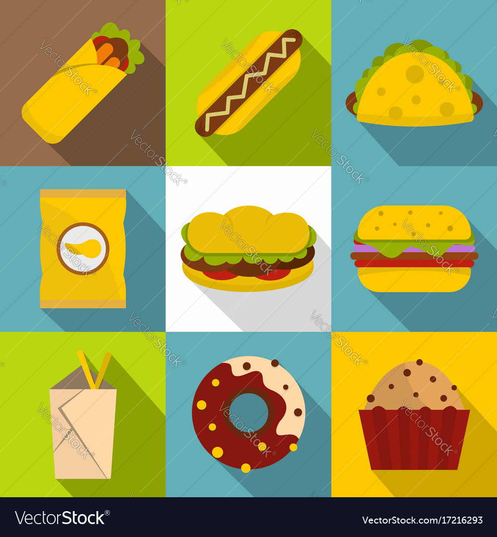 Snacks icon set flat style Royalty Free Vector Image Snacks icon set flat style Royalty Free Vector Image