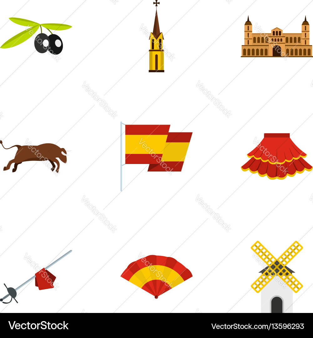 Spain travel icons set flat style Royalty Free Vector Image
