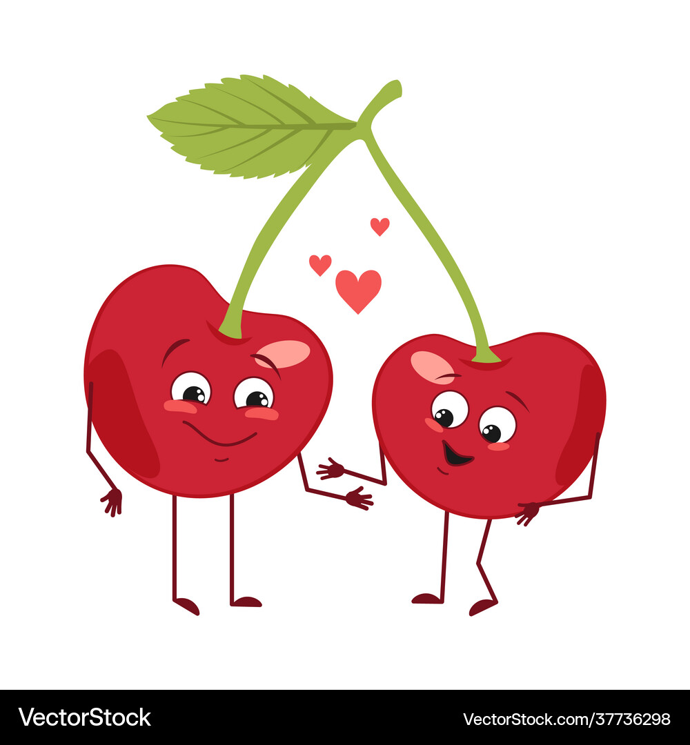 Cute cherry characters with love emotions face Vector Image