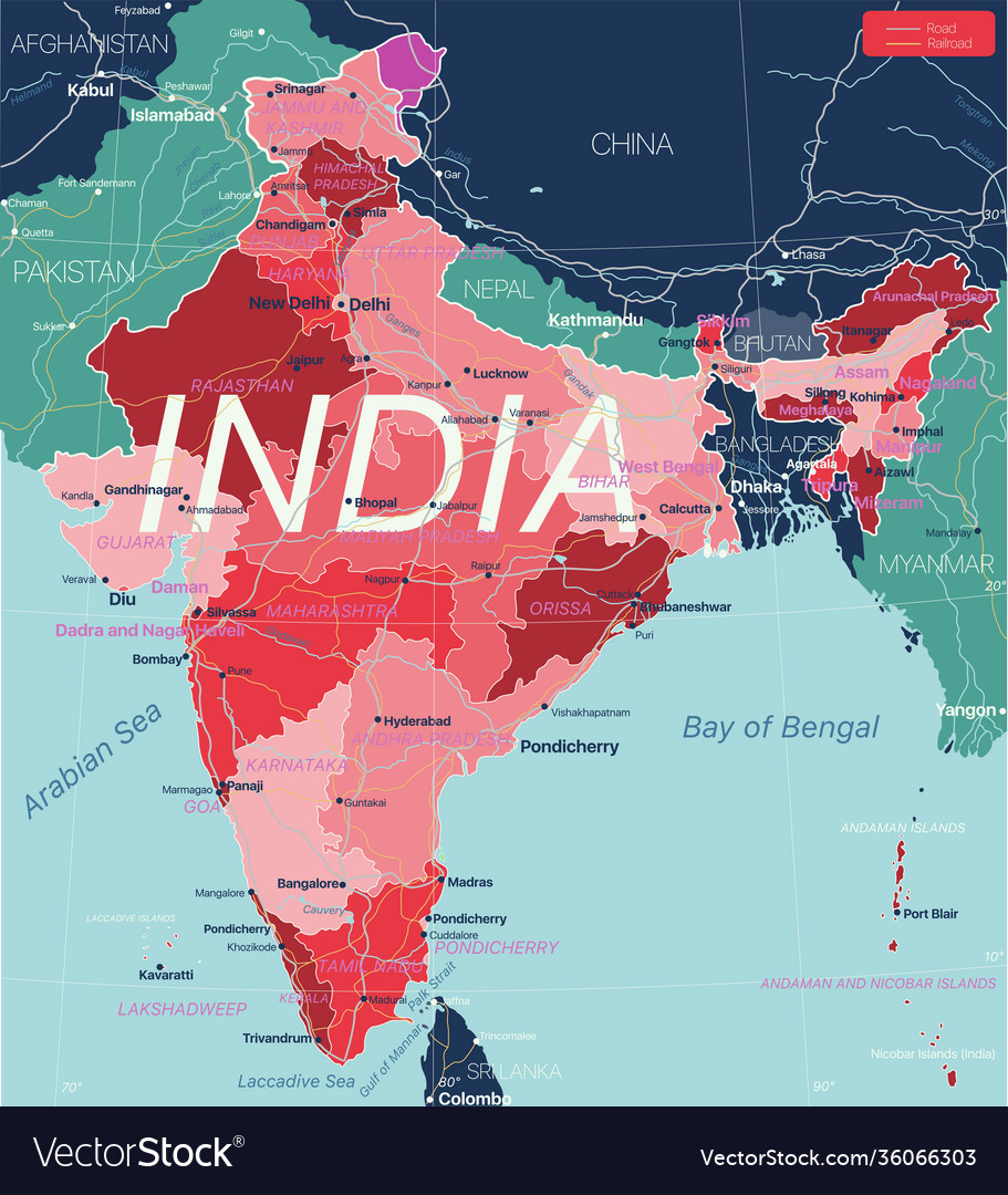 India country detailed editable map Royalty Free Vector India country detailed editable map Royalty Free Vector