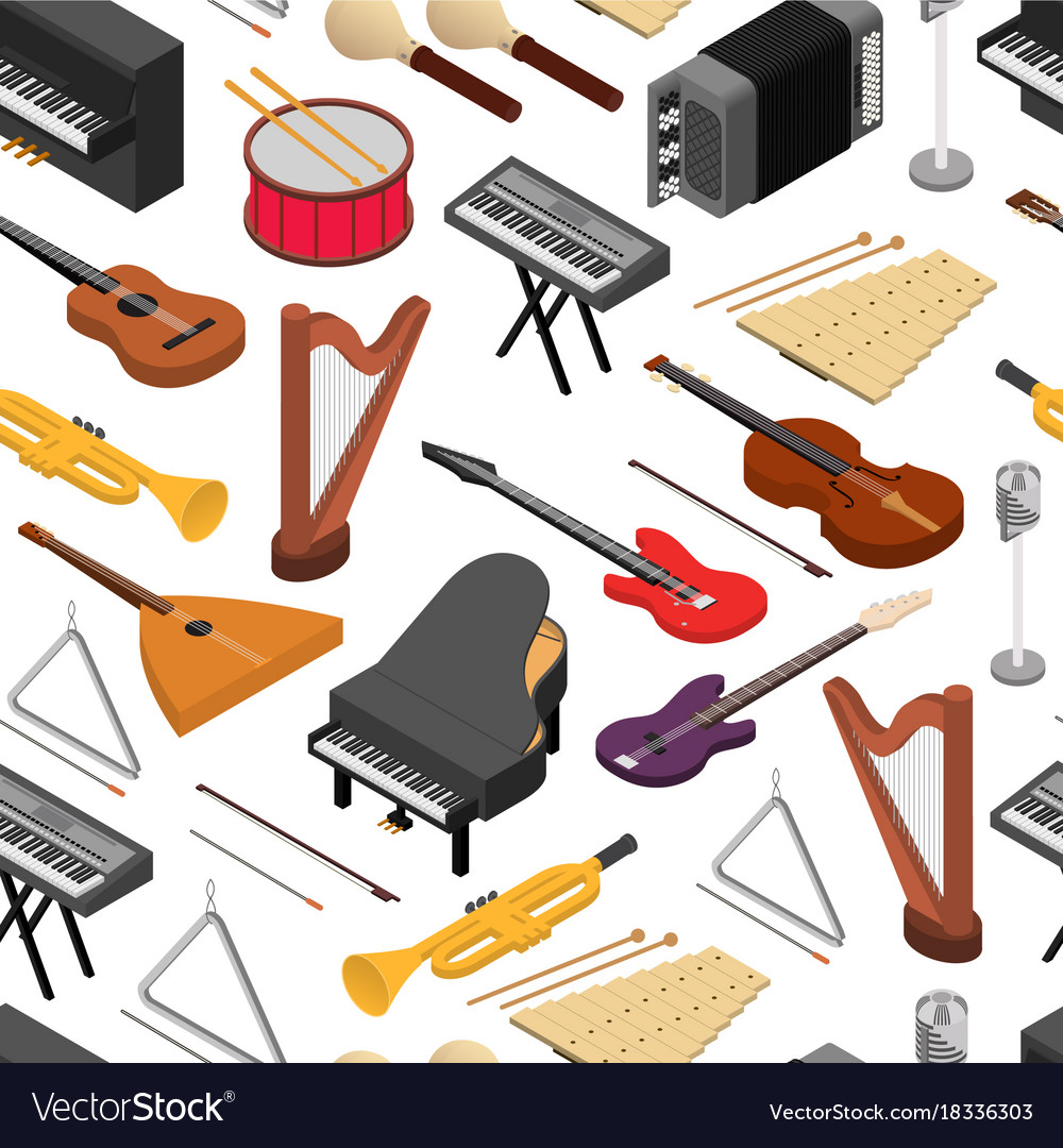 Music instruments background pattern set isometric