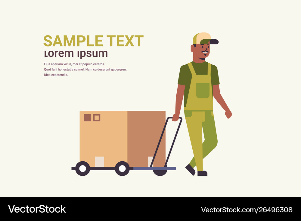 Courier in uniform pushing trolley with cardboard Vector Image