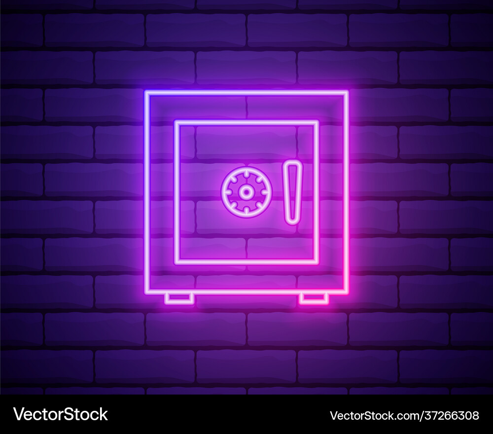 Glowing neon line safe icon isolated on brick Vector Image
