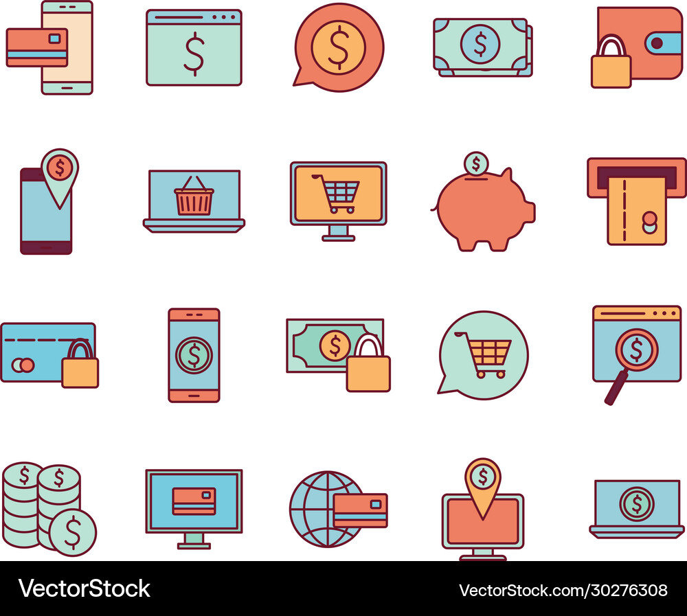 Payments online line and fill style icon set Vector Image