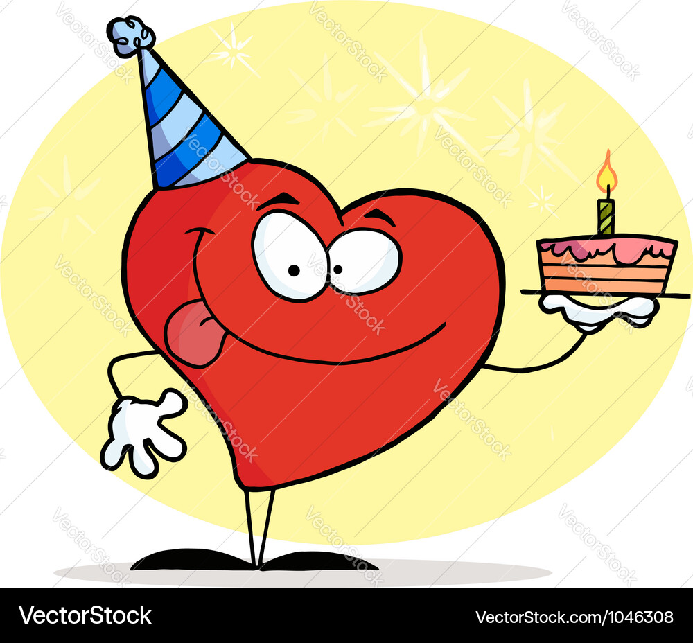 Red heart wearing a hat and holding cake Vector Image