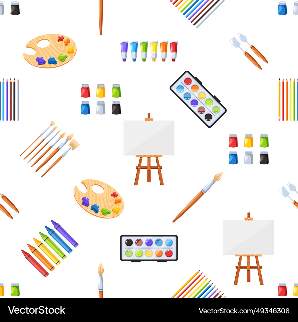 Seamless pattern features colorful artist items Vector Image