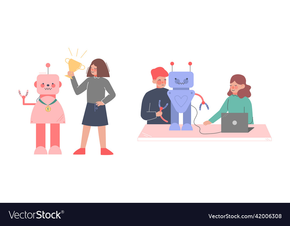Students making and programming robots set Vector Image