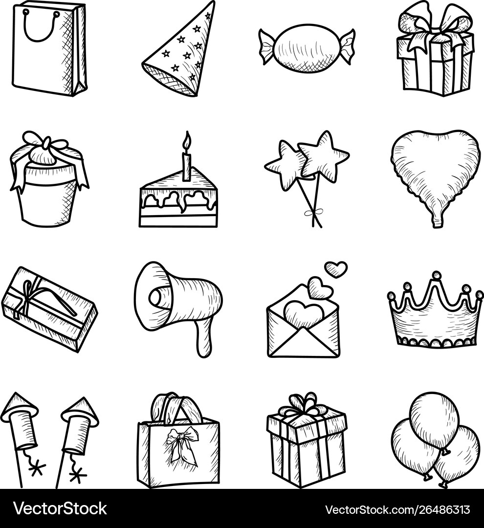 Birthday party doodle icons pack Royalty Free Vector Image