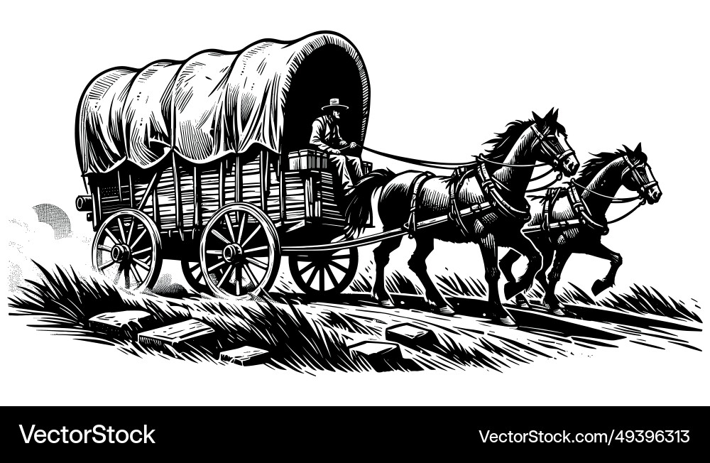 Covered wagon linocut Royalty Free Vector Image