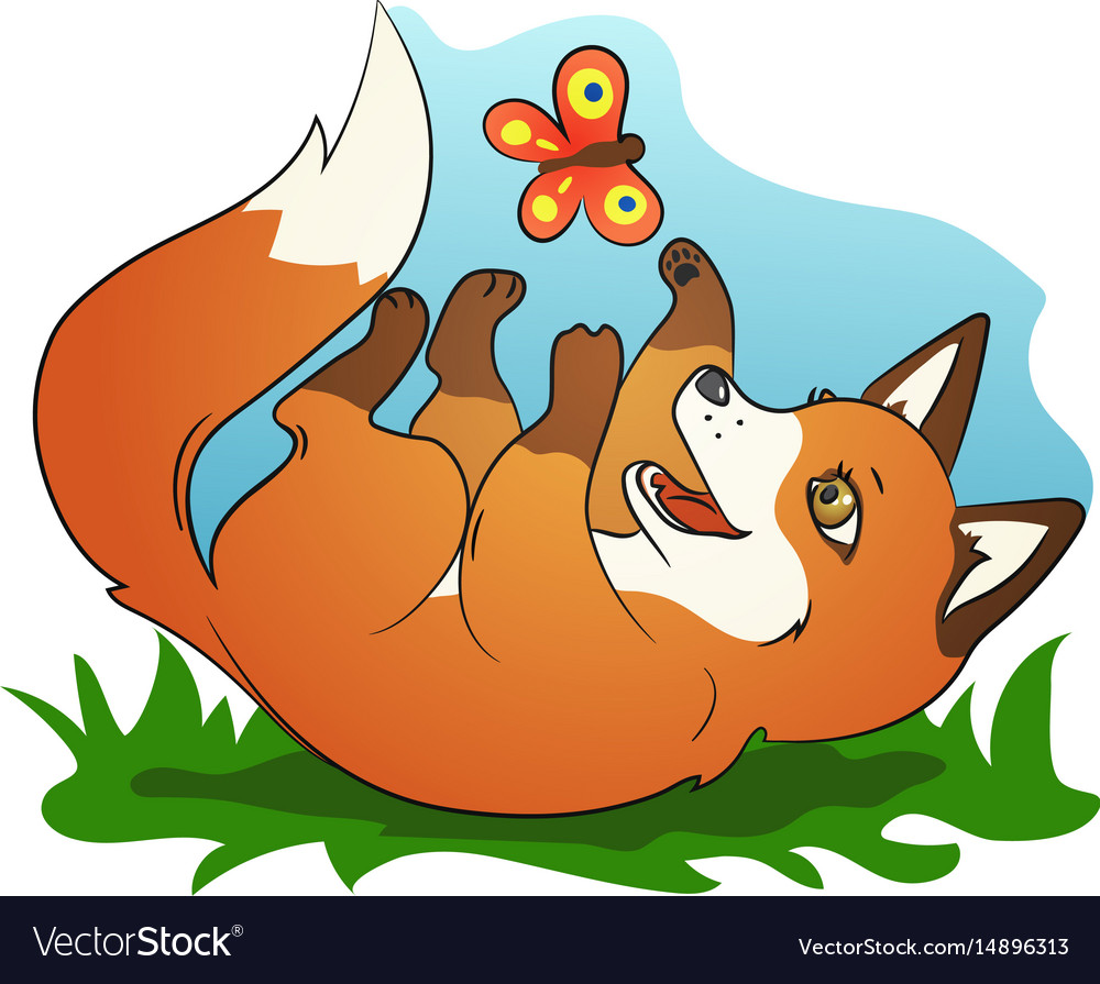 Cute little fox playing with butterfly Royalty Free Vector