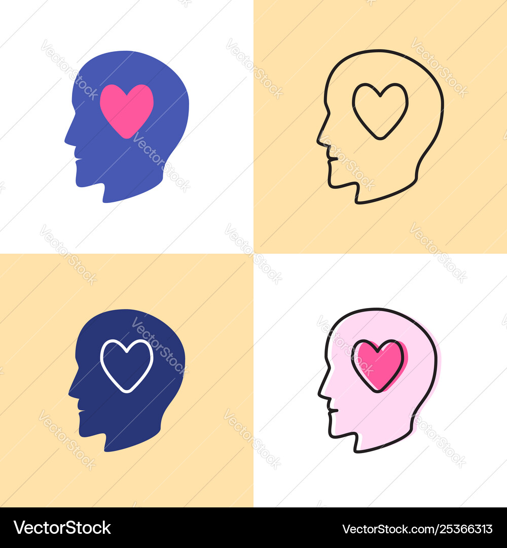 Human head with heart icon set in flat and line Vector Image