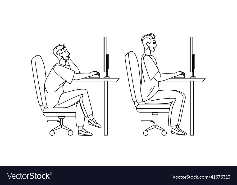 In ergonomic posture sit man at computer Vector Image