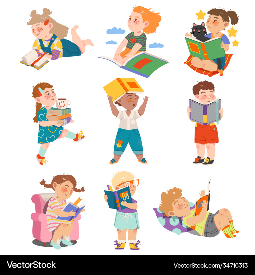 Interested kids sitting and lying with open book Vector Image