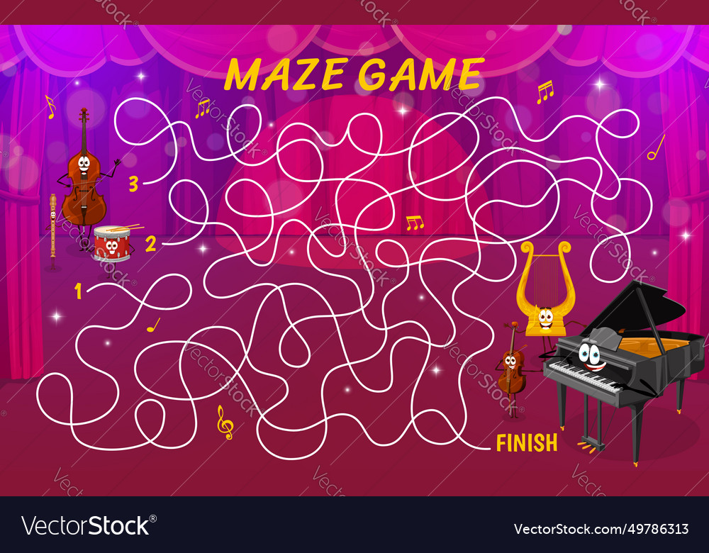 Labyrinth maze with cartoon musical instruments Vector Image