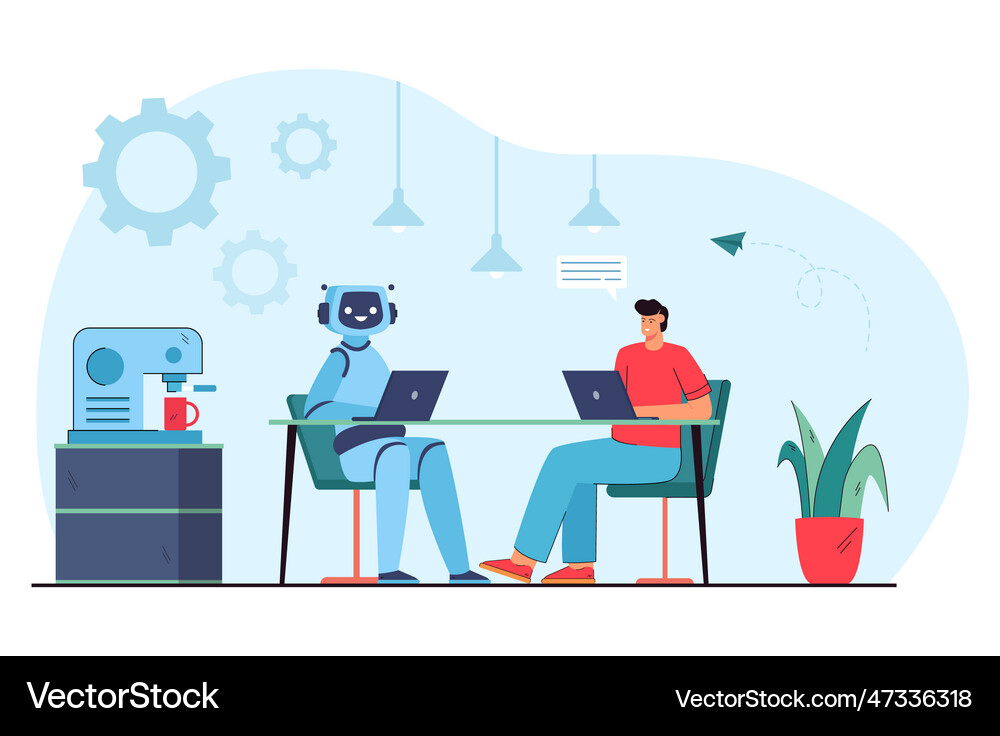 Human and humanoid robot team working together Vector Image