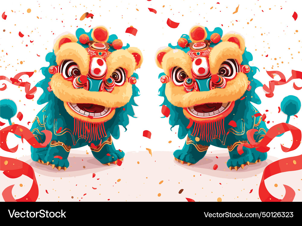 Chinese lions dancing celebration show white Vector Image