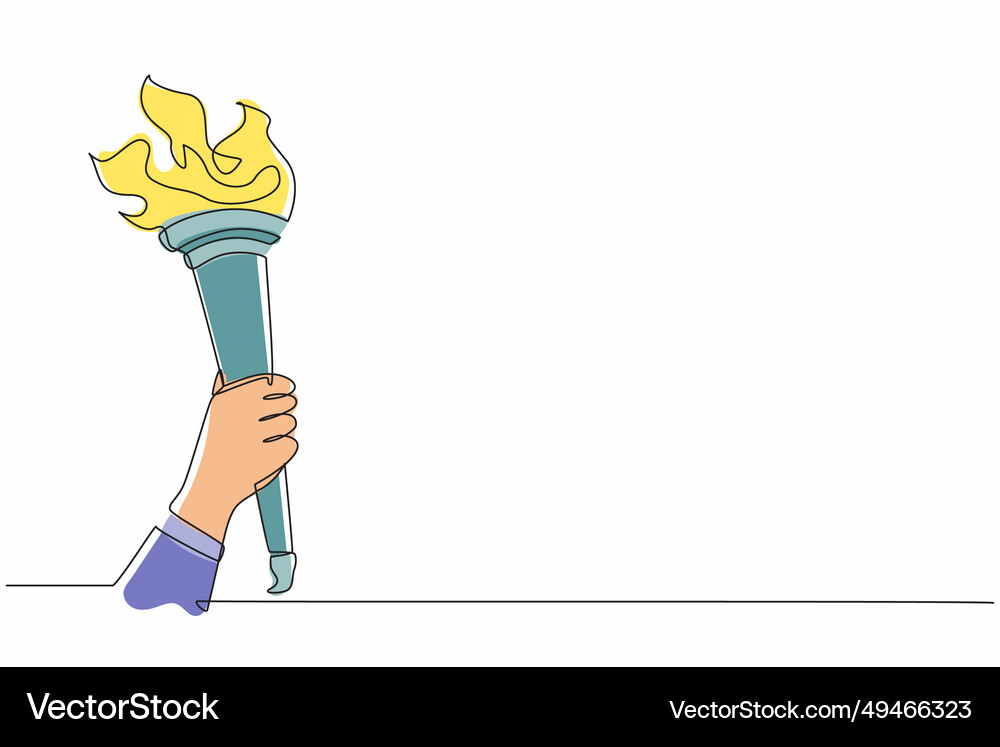 Single one line drawing hand holding golden torch Vector Image