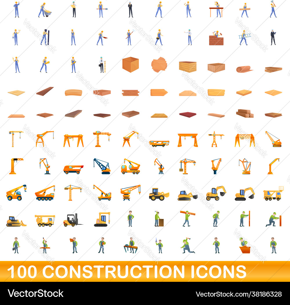 100 construction icons set cartoon style Vector Image
