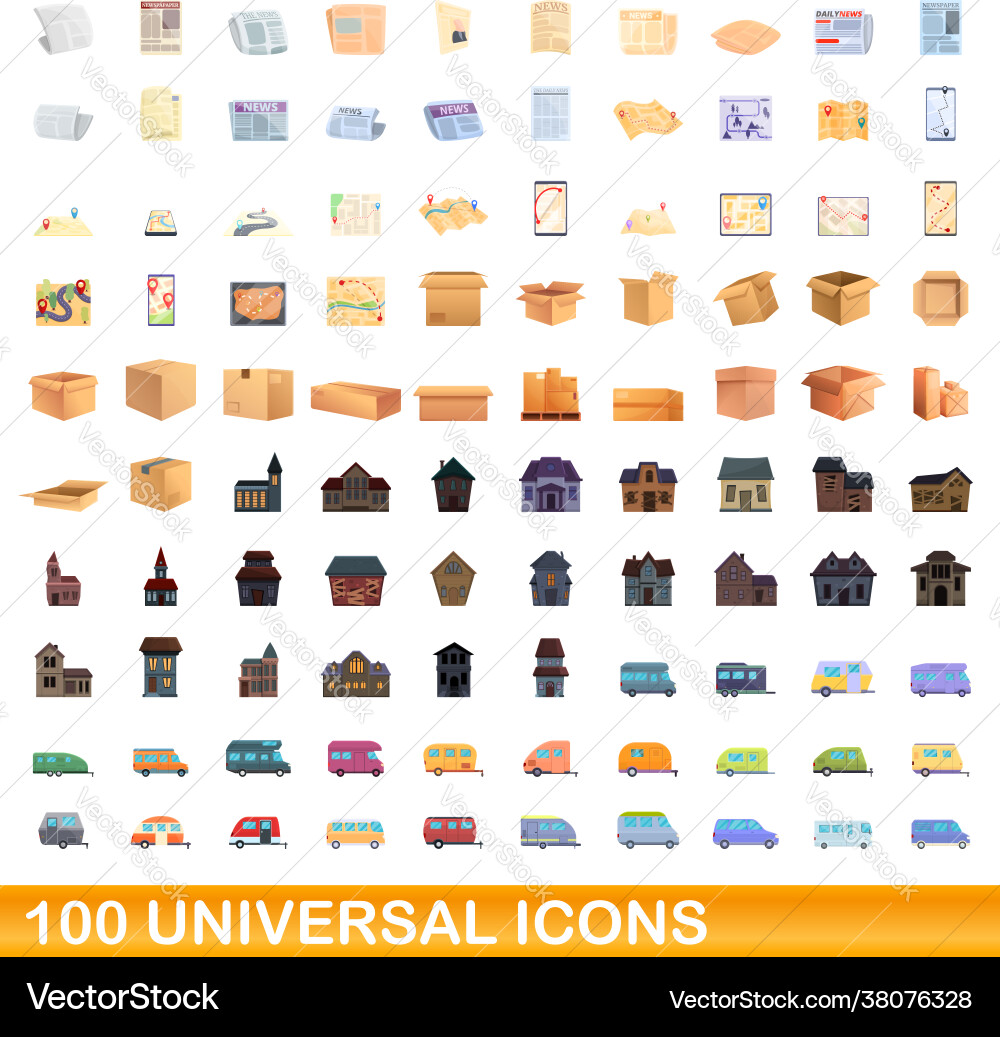 100 universal icons set cartoon style Royalty Free Vector