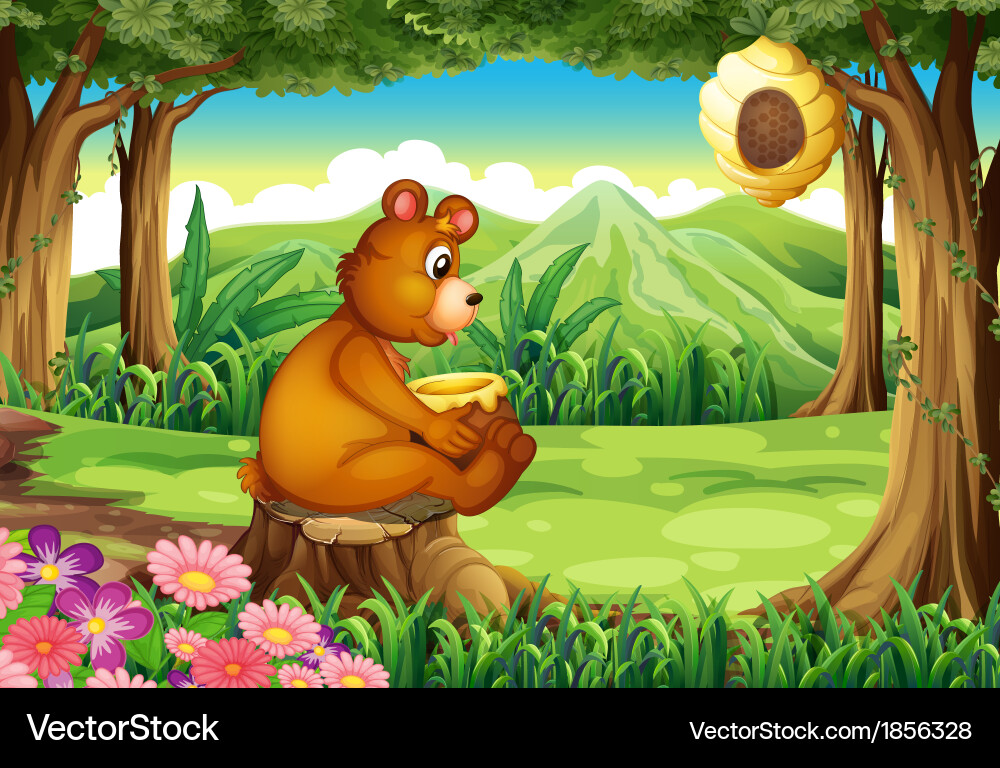 A bear at the forest near beehive Royalty Free Vector Image