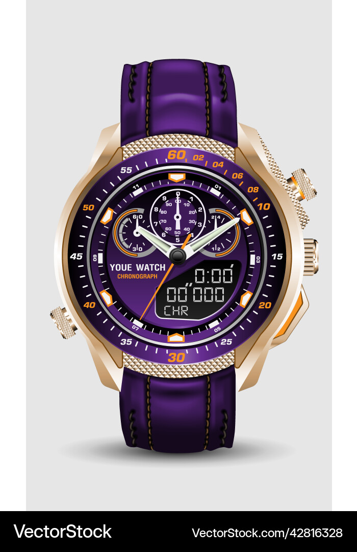 Realistic watch clock gold purple leather strap Vector Image