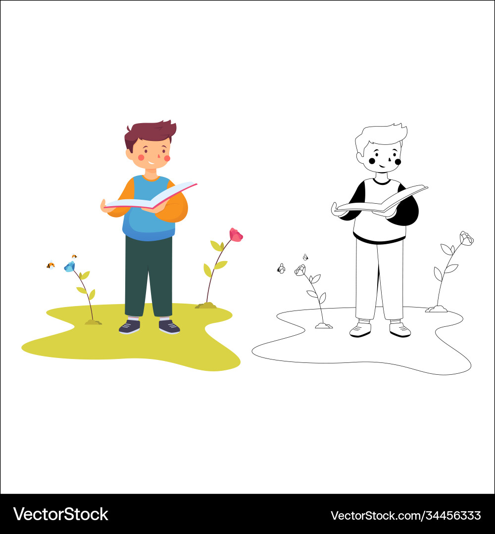 A boy reading book and outline with white Vector Image
