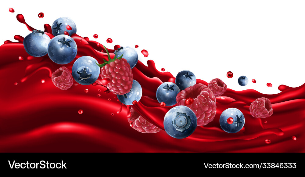 Blueberries and raspberries on a fruit juice wave Vector Image